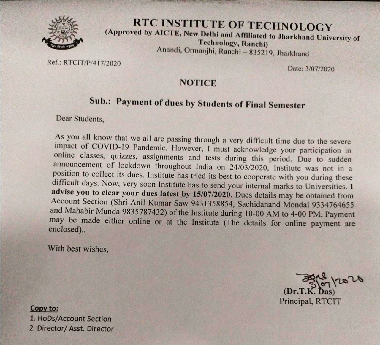 Payment of Dues by Students of B.tech & Diploma – RTC Institute of ...