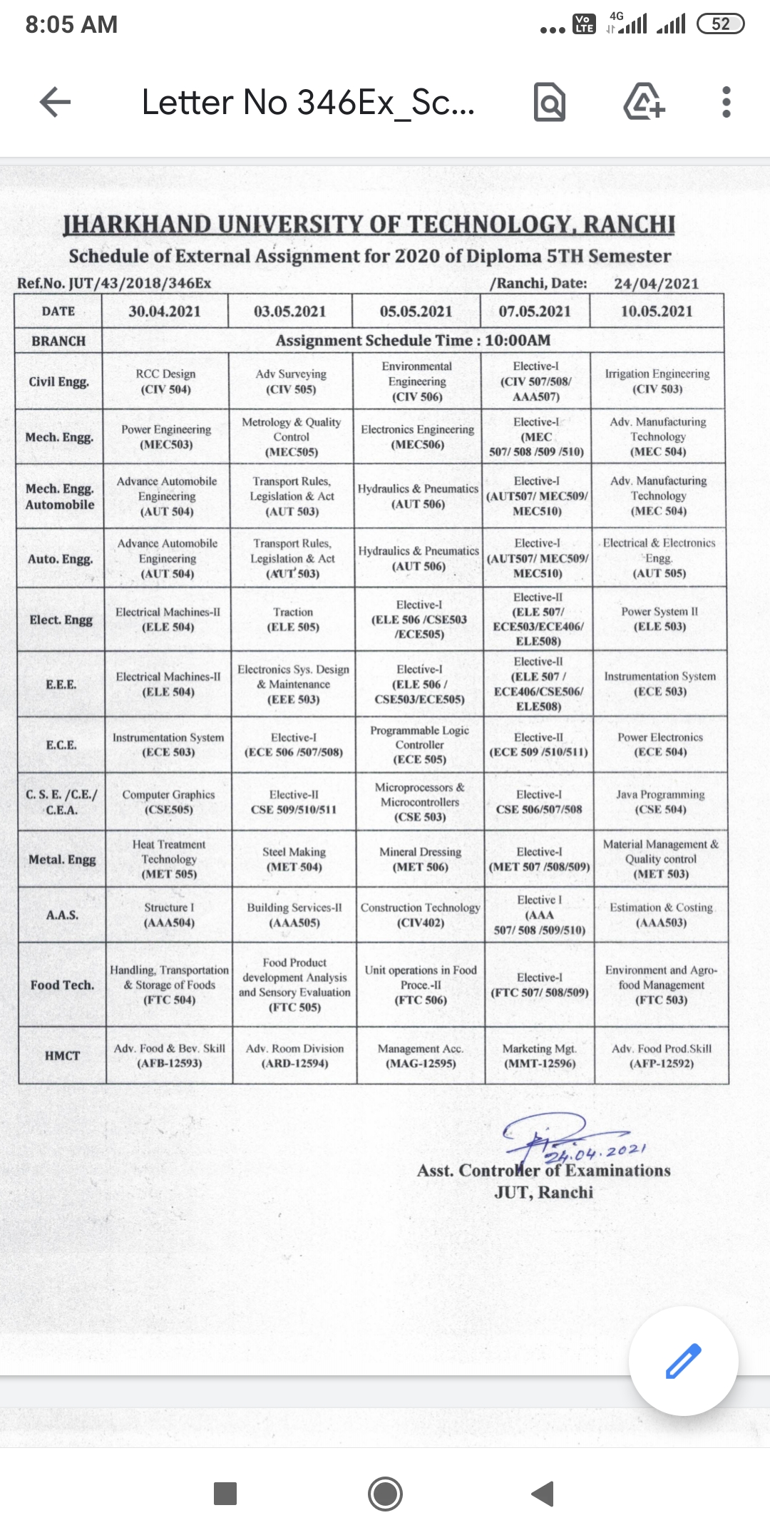 Schedule of External Assignment for 2020 of Diploma 5th semester – RTC ...